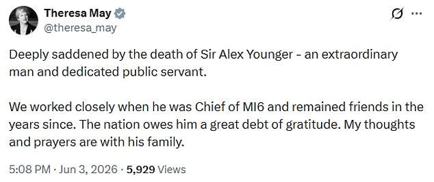 Former head of MI6 Sir Alex Younger dies aged 62 as Starmer pays ...