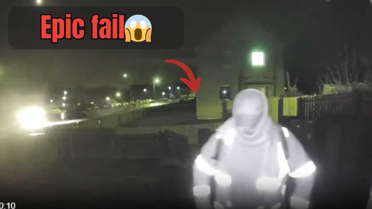 Man heading to work loses balance on frozen step outside house in winter