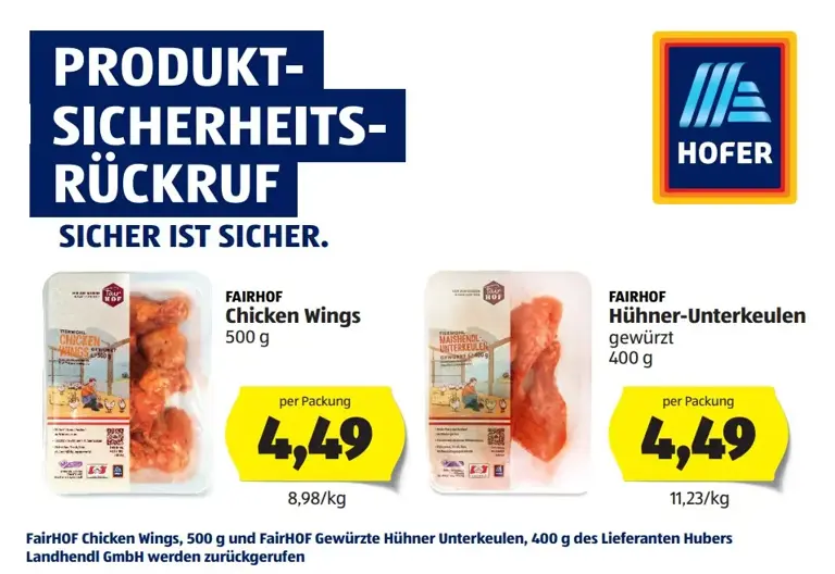 Produktrückruf: Hofer stoppt Verkauf von Hühnerfleisch