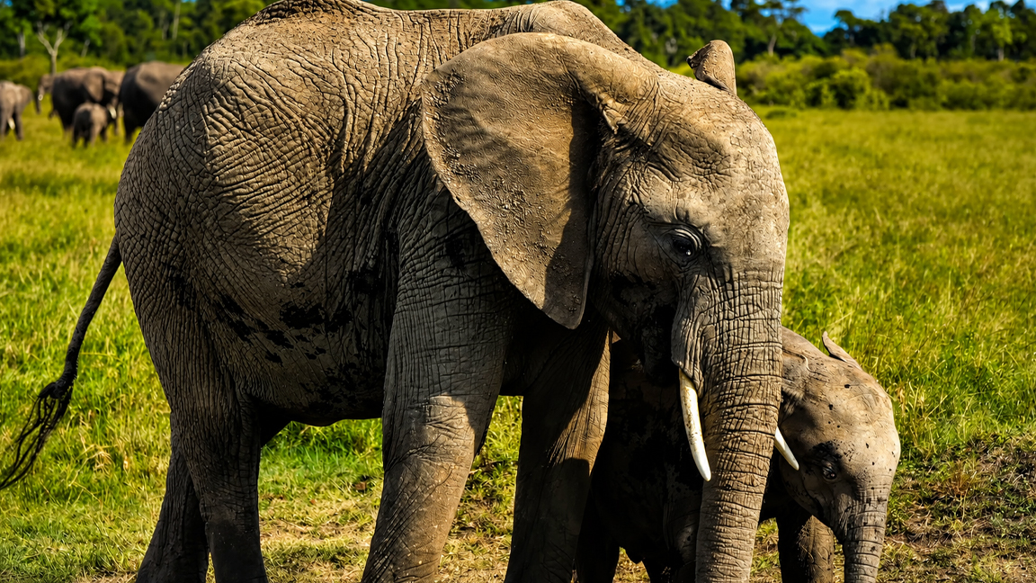 The elephant calf walking under constant protection