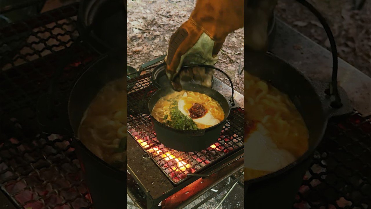Campfire Singaporean ramen (laksa) with tinned mussels and fried egg
