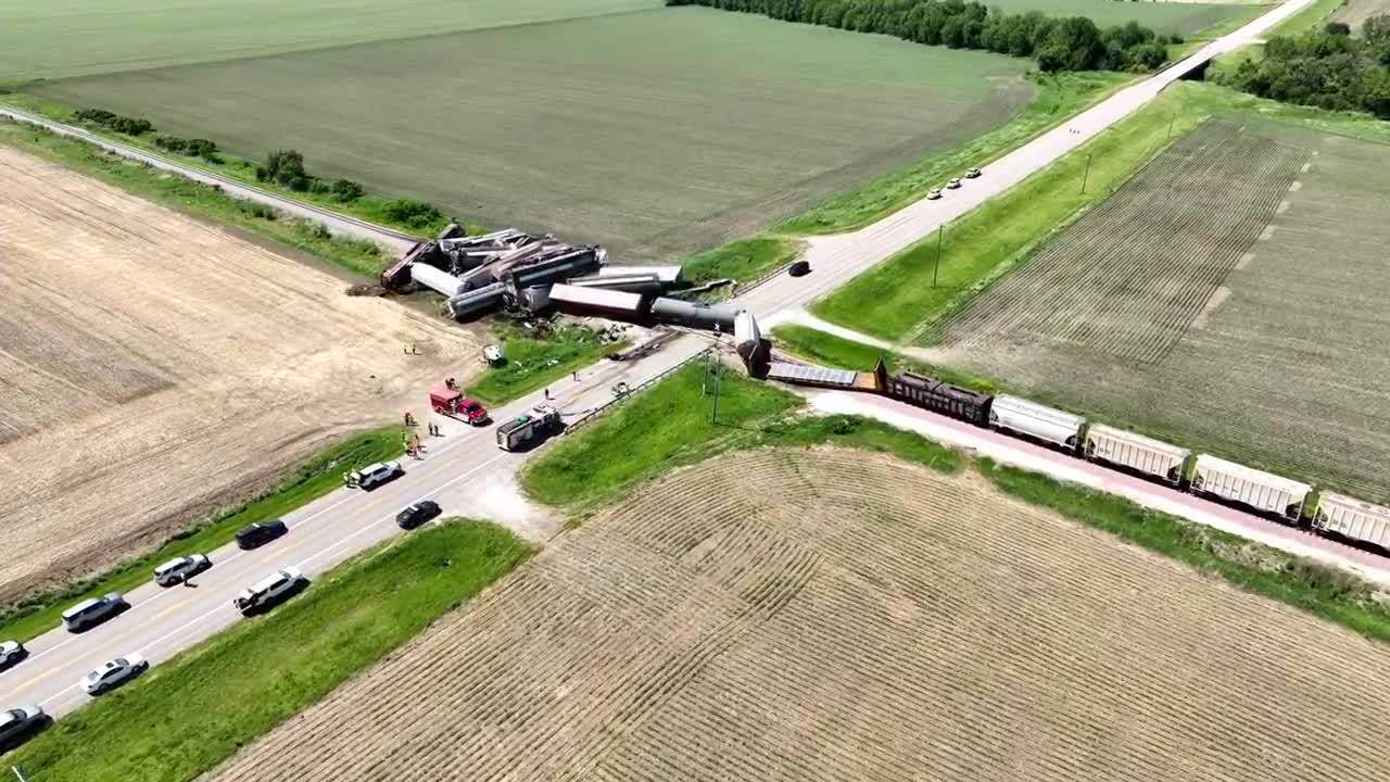 Watch: Drone video shows aftermath of train derailment in Poweshiek County