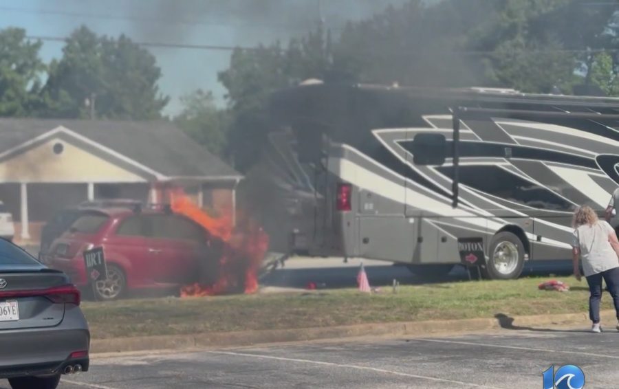 Vehicle being towed by an RV erupts in flames in Virginia Beach