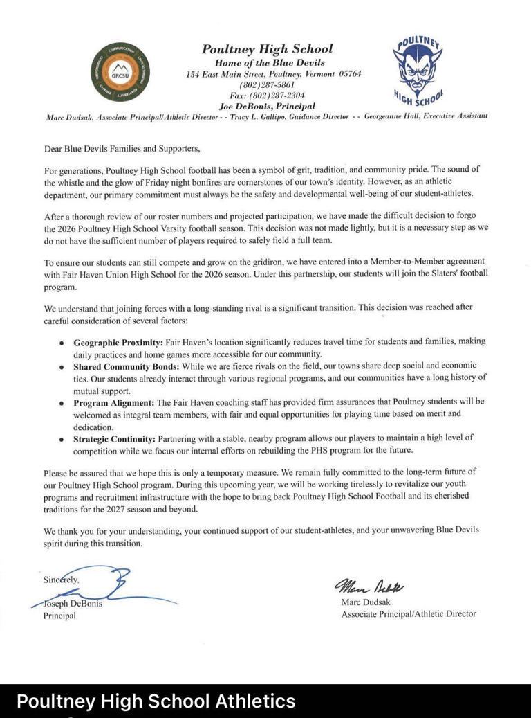 Vermont high school football program decides to forgo 2026 season