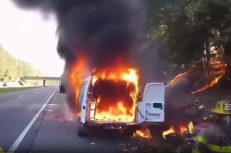 Driver’s quick thinking prevents explosion after van catches on fire