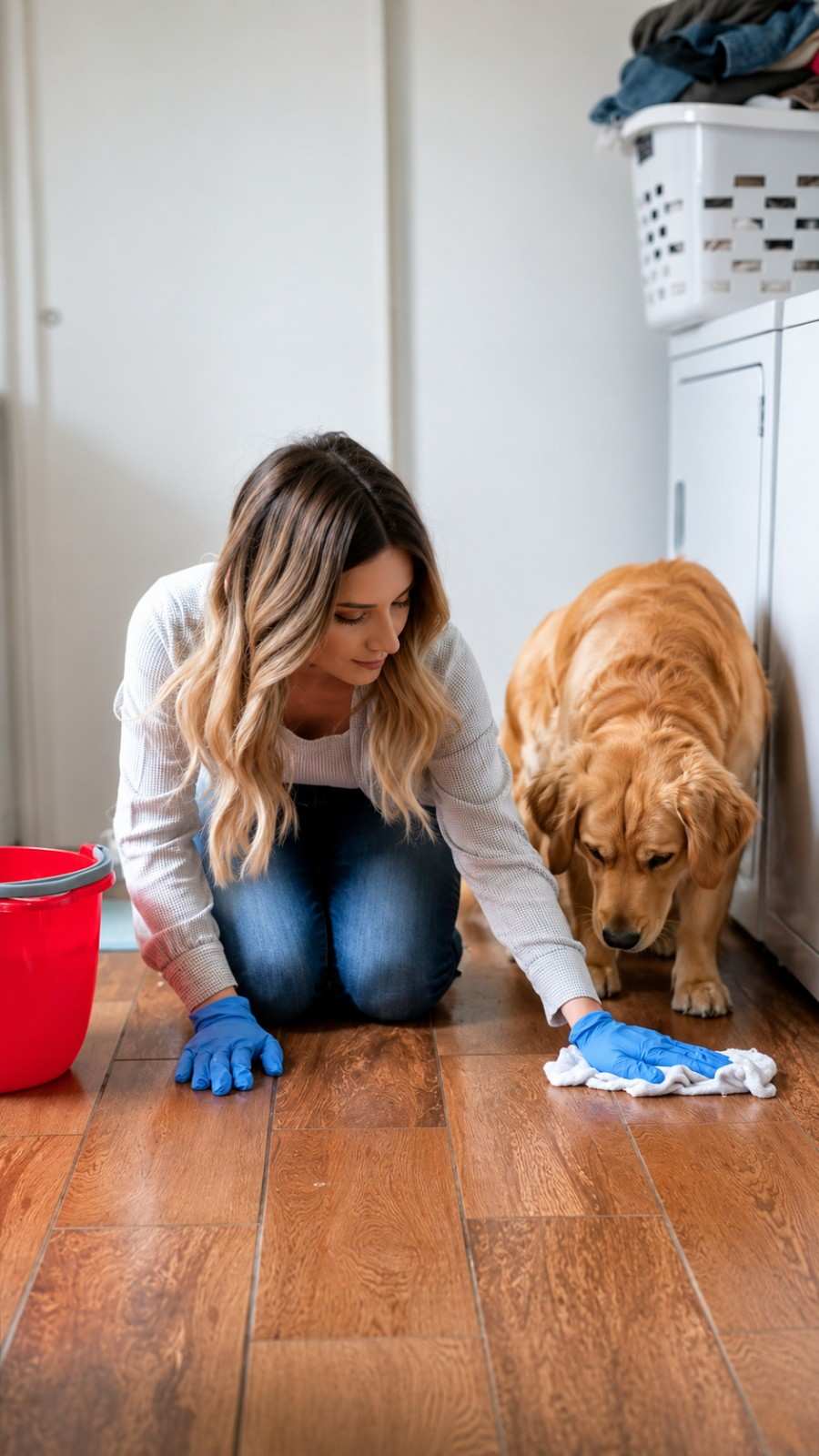 Golden retriever supervises cleaning day