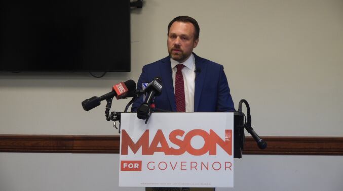 Republican gubernatorial candidate Garrett Mason speaks on plan while ...