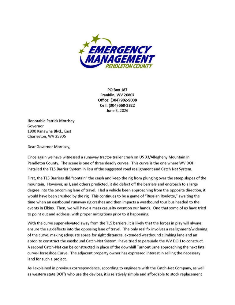 Pendleton County OEM writes Morrisey about dangerous US 33 stretch