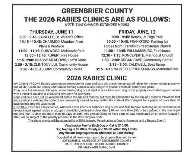 Greenbrier County rabies clinics schedule announced