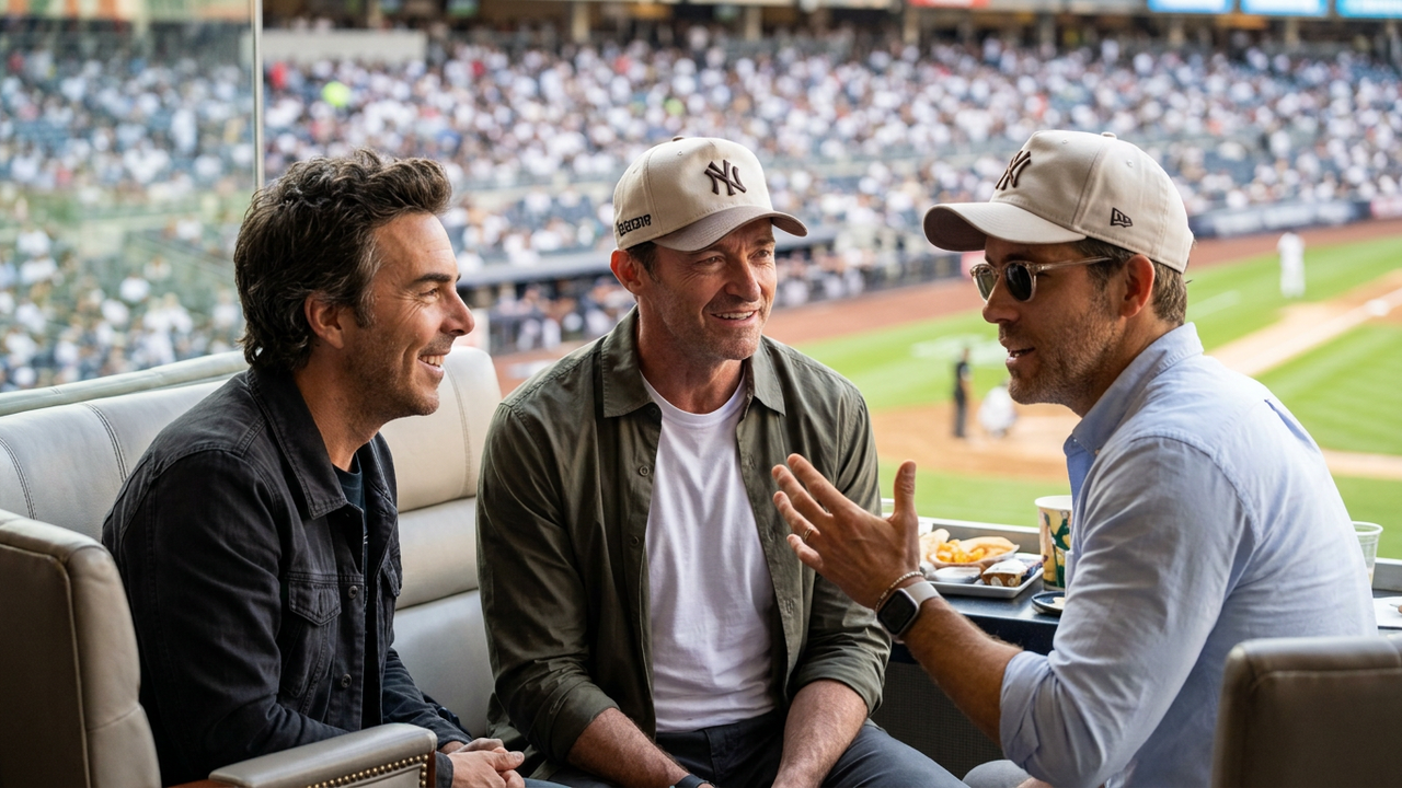 Hugh Jackman and Ryan Reynolds join director Shawn Levy at a Yankees ...