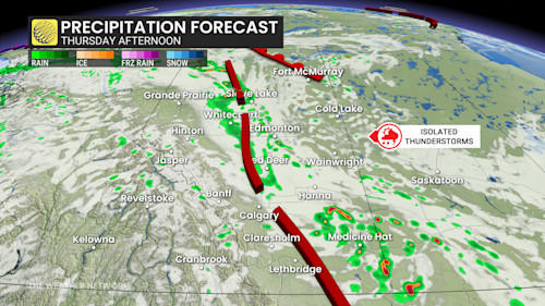 Pattern sees threat of thunderstorms shift back into Alberta Thursday