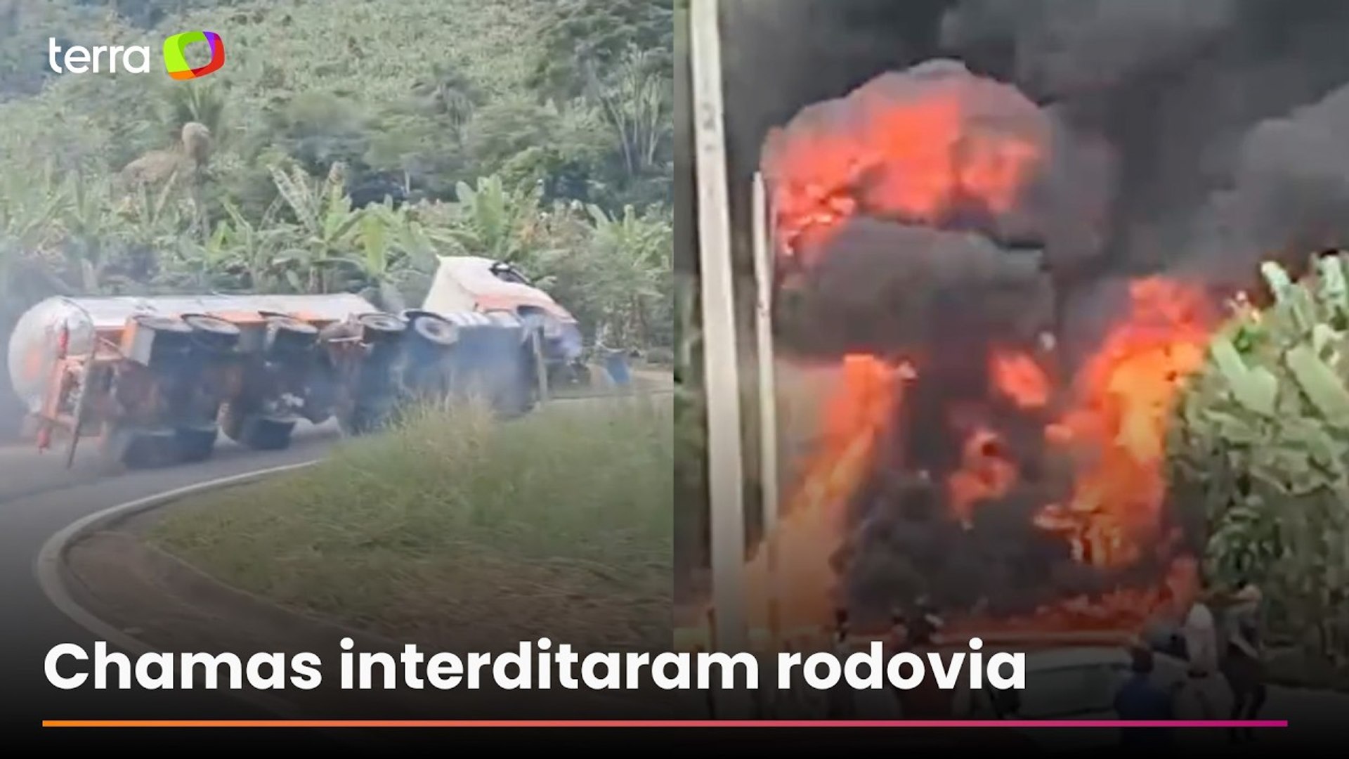 Motorista flagra o momento em que carreta tomba e causa incêndio de ...