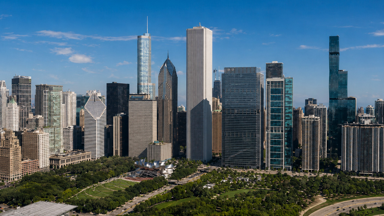 Chicago towers rising above Grant Park and Lake Michigan