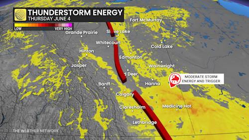 Pattern sees threat of thunderstorms shift back into Alberta Thursday