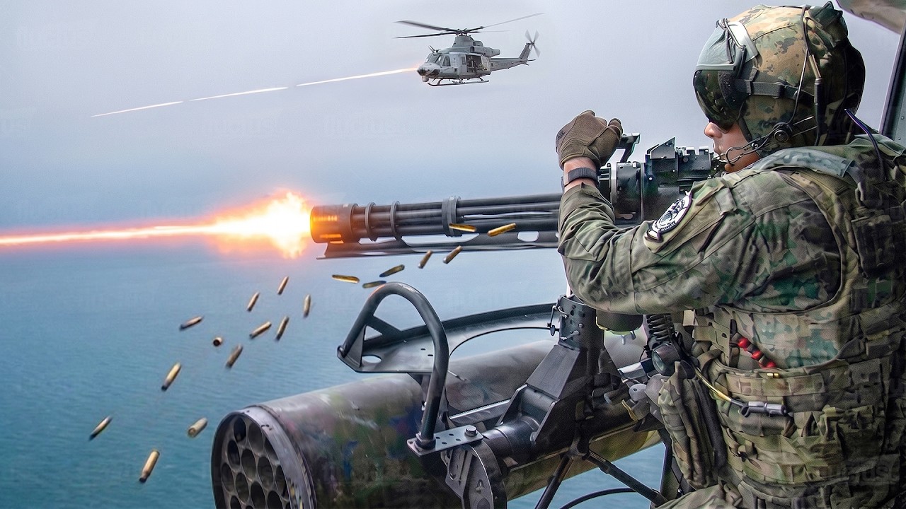 Skilled US door gunner rains down bullets from the powerful Bell UH-1Y