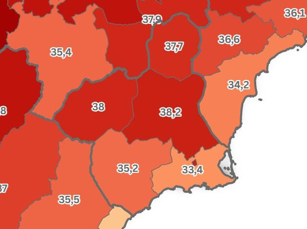 Desde 33 grados en Cartagena a los 38 en Murcia: así queda el mapa de ...