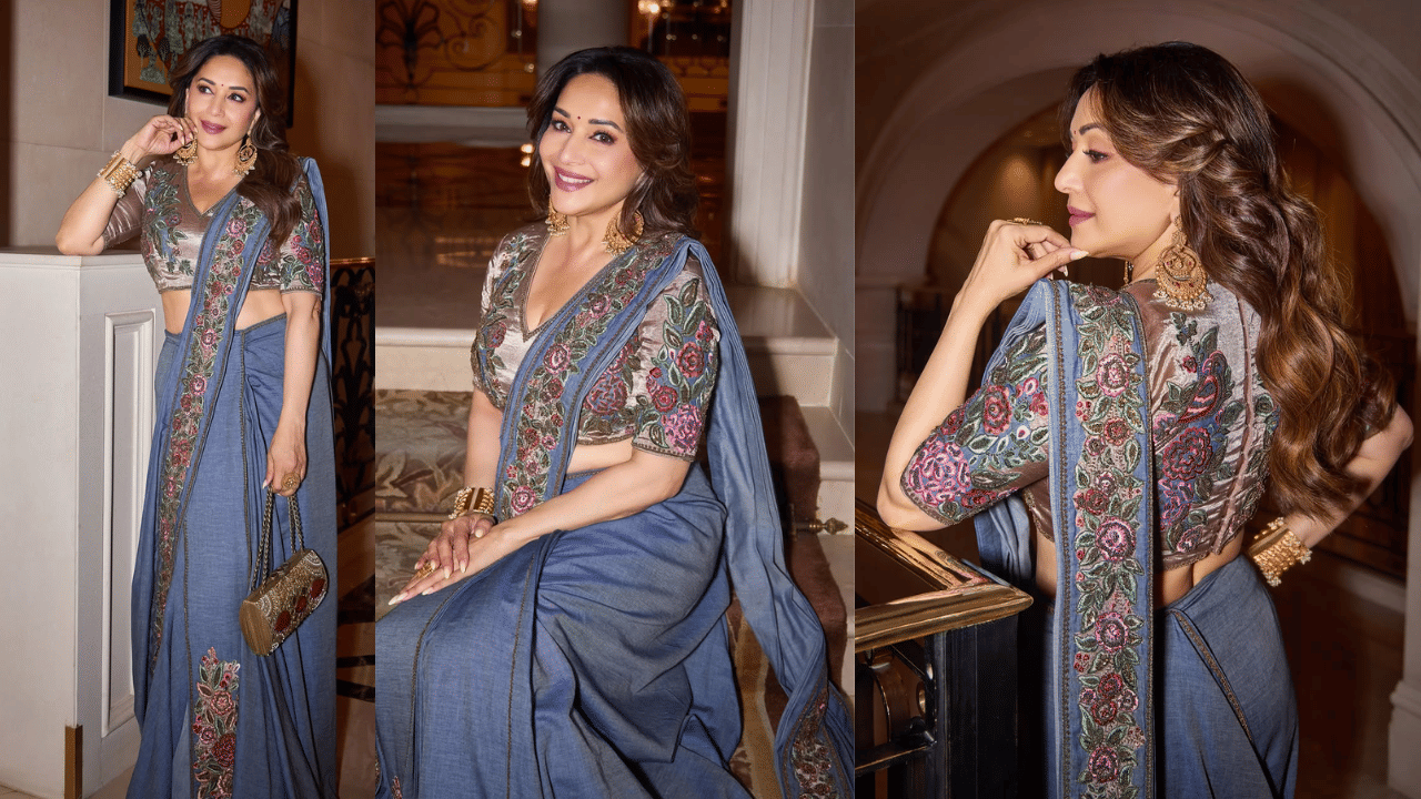 Madhuri Dixit stuns in denim saree, giving traditional drape bold ...