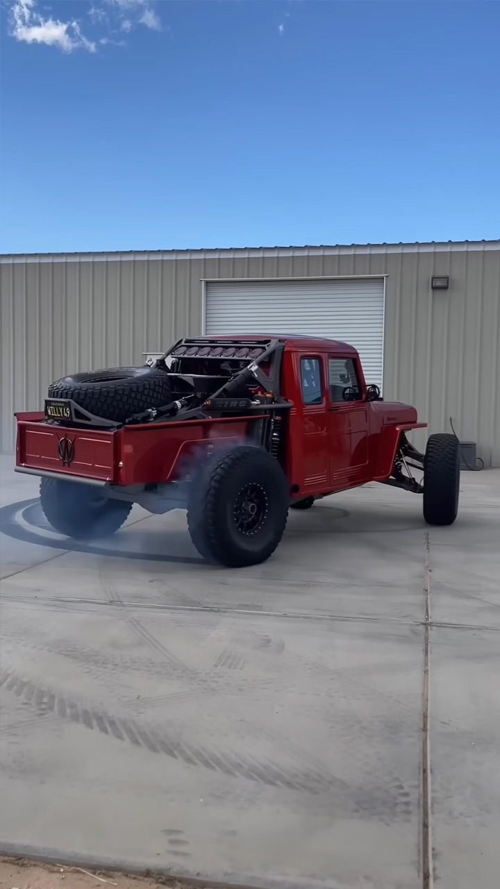 900HP custom Jeep Willys burns rubber on asphalt