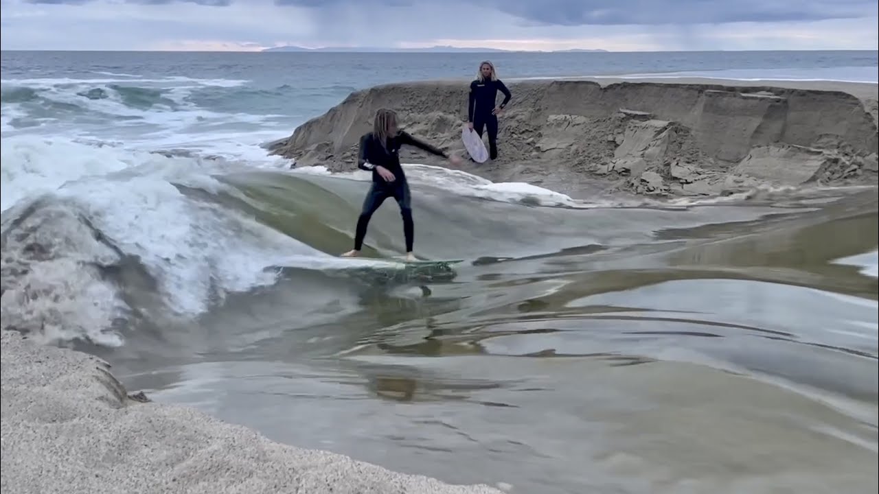 Jackson Tenny and Blair Conklin skimboarding a weird wave in California
