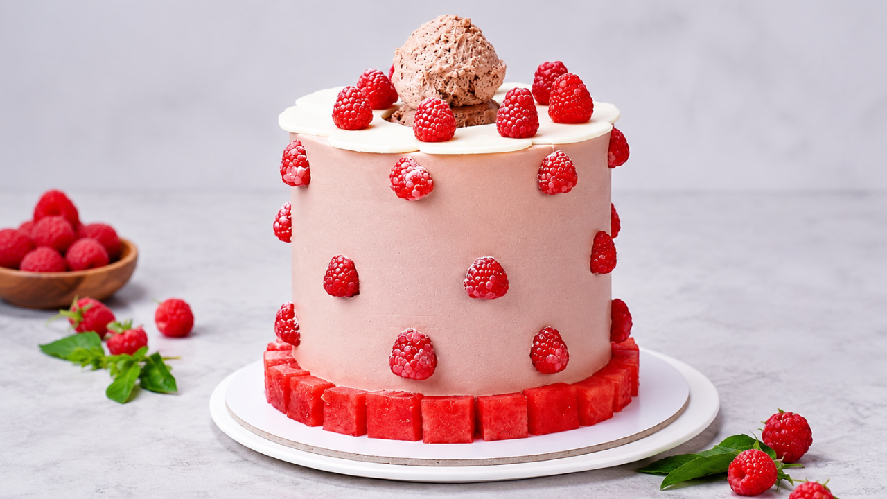 Frambozentaart met gladde roze frosting
