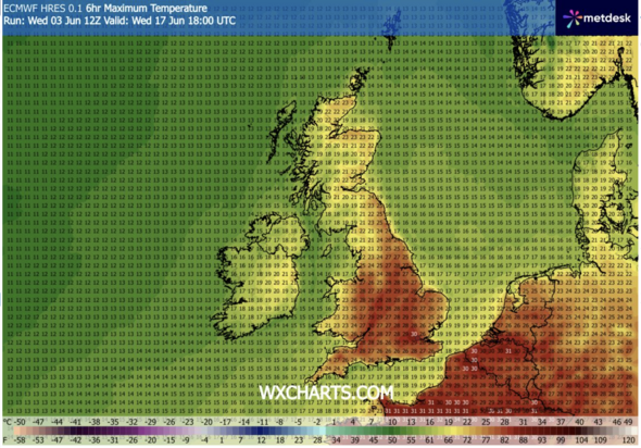 UK weather maps turn volcanic red as 32C June heatwave returns - 14 ...