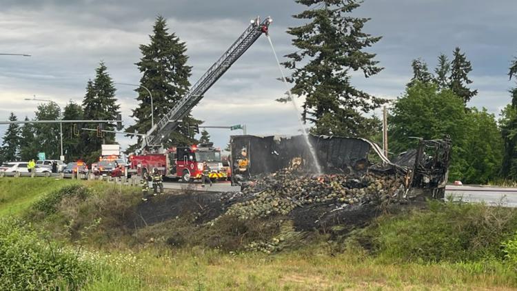 Truck carrying watermelons catches fire in Snohomish County