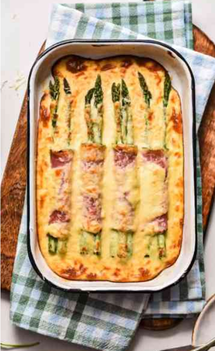 Baked asparagus wrapped in ham with creamy Parmesan sauce