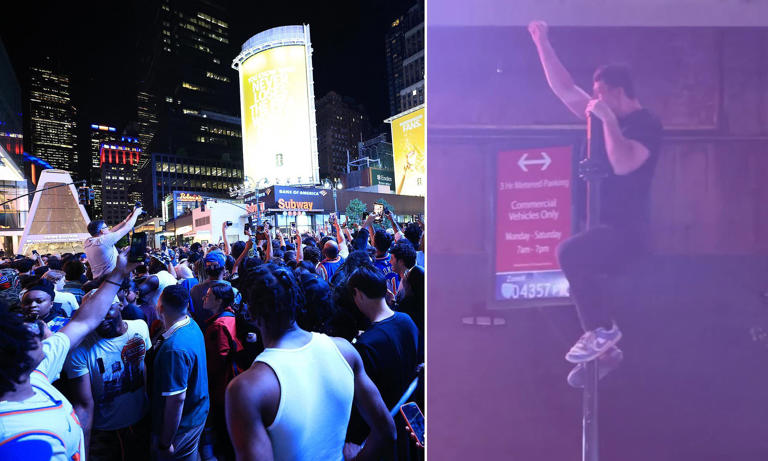 Knicks fans climb street poles and an ambulance to celebrate Game 1 ...