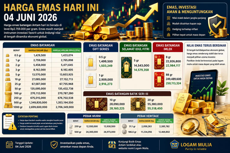 Update harga emas dan perak Antam 4 Juni 2026, logam mulia 1 gram ...