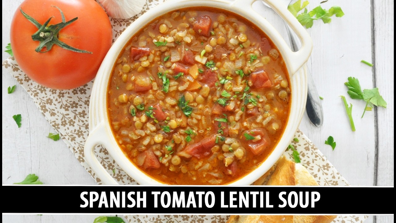 One-pot Spanish tomato lentil soup with simple Mediterranean flavors