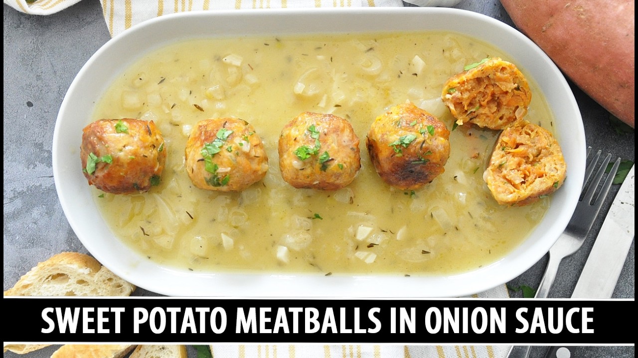 Spanish-style sweet potato meatballs in rich onion sauce