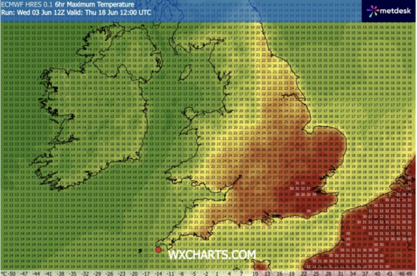 UK weather maps turn volcanic red as 32C June heatwave returns - 14 ...