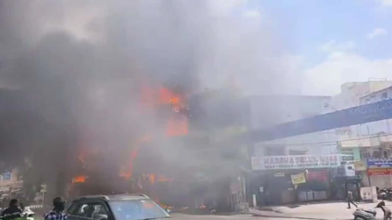 Massive fire engulfs helmet showroom at Hyderabad's Maitrivanam complex ...