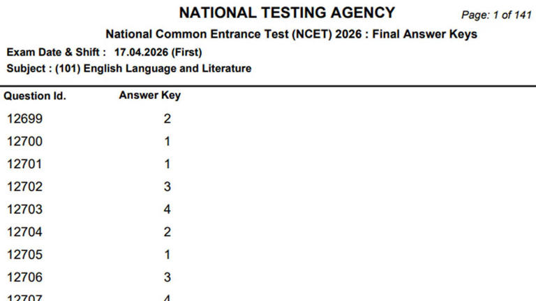 NCET 2026 final answer key released at exams.nta.nic.in; results ...