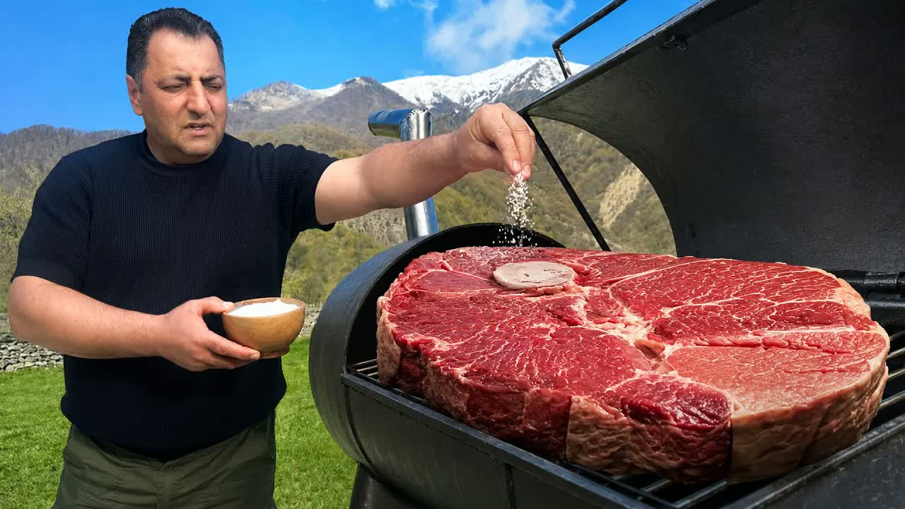 Cooking a thick cheesesteak over fire and mountain smoke