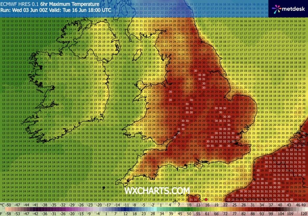 UK maps show 21 counties facing 30C heat