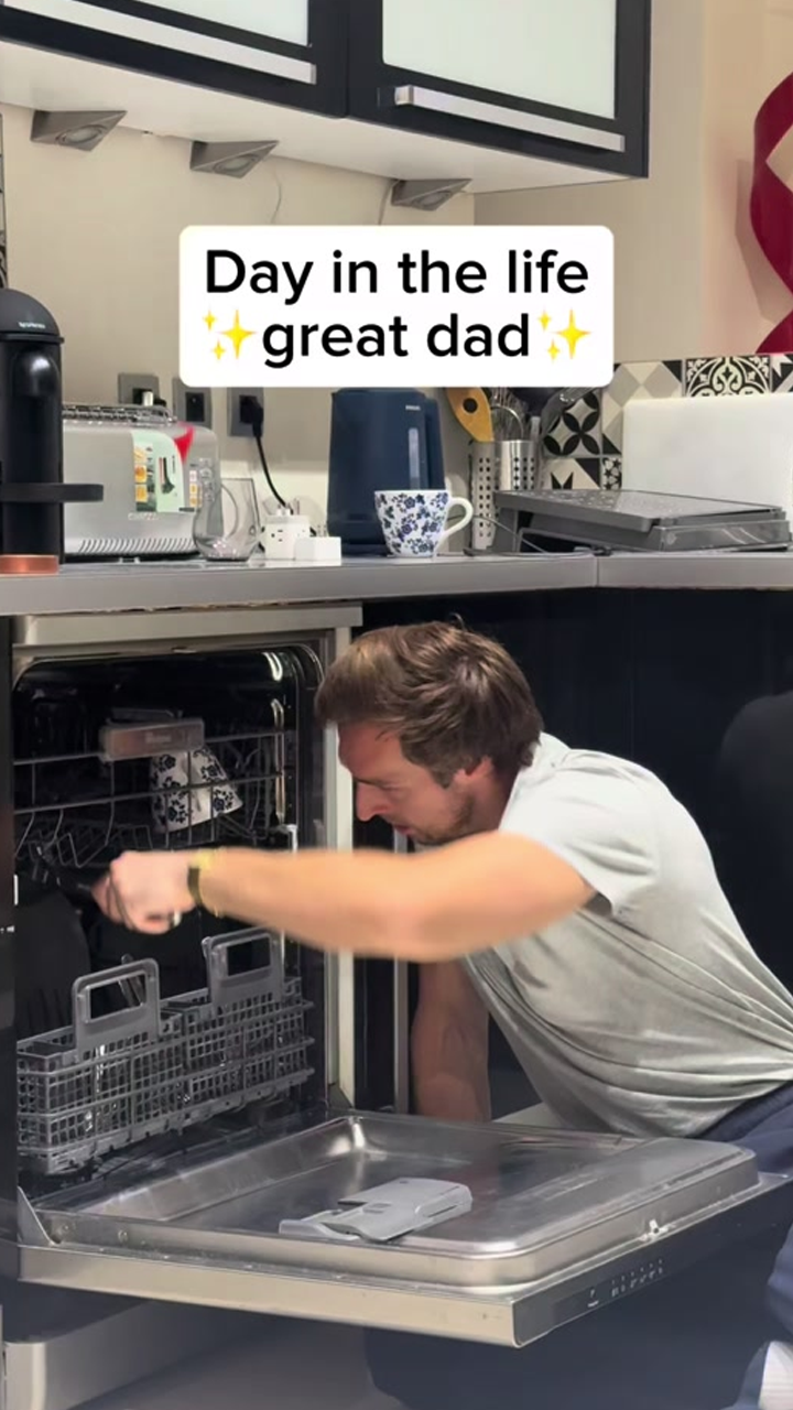 A comedy skit shows a dad's routine from gym time to bedtime