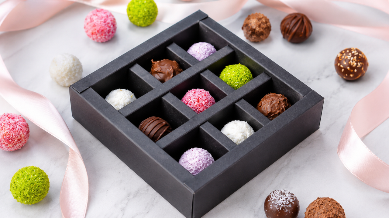Assorted chocolate truffles in gift box