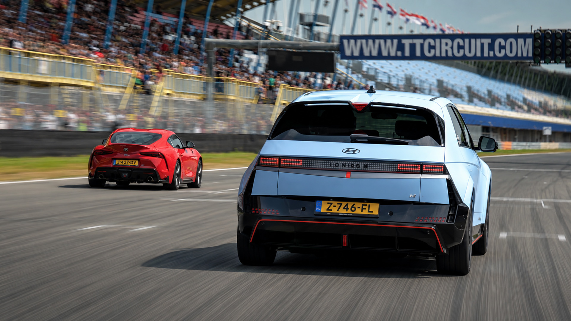 Electric Hyundai battles Toyota Supra in drag race