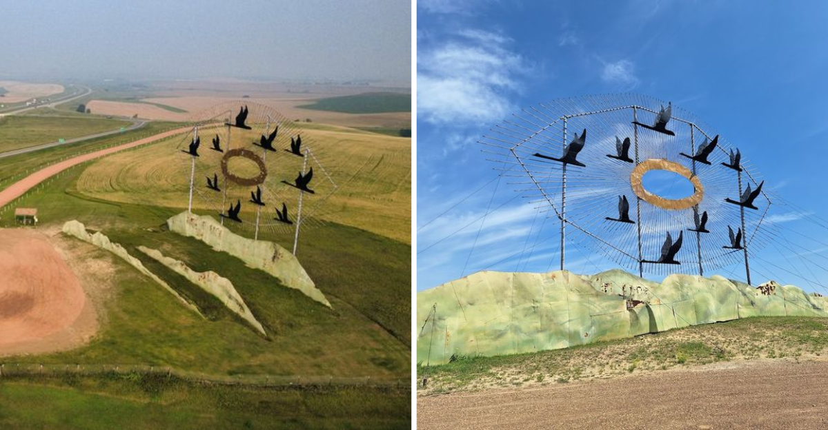 A flock of strange scrap metal geese stand frozen on a North Dakota prairie