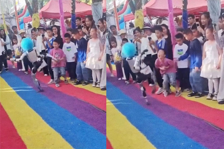 Robot in clown wig roundhouse kicks small child