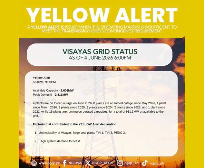 Visayas grid under yellow alert on Thursday evening, June 4, 2026