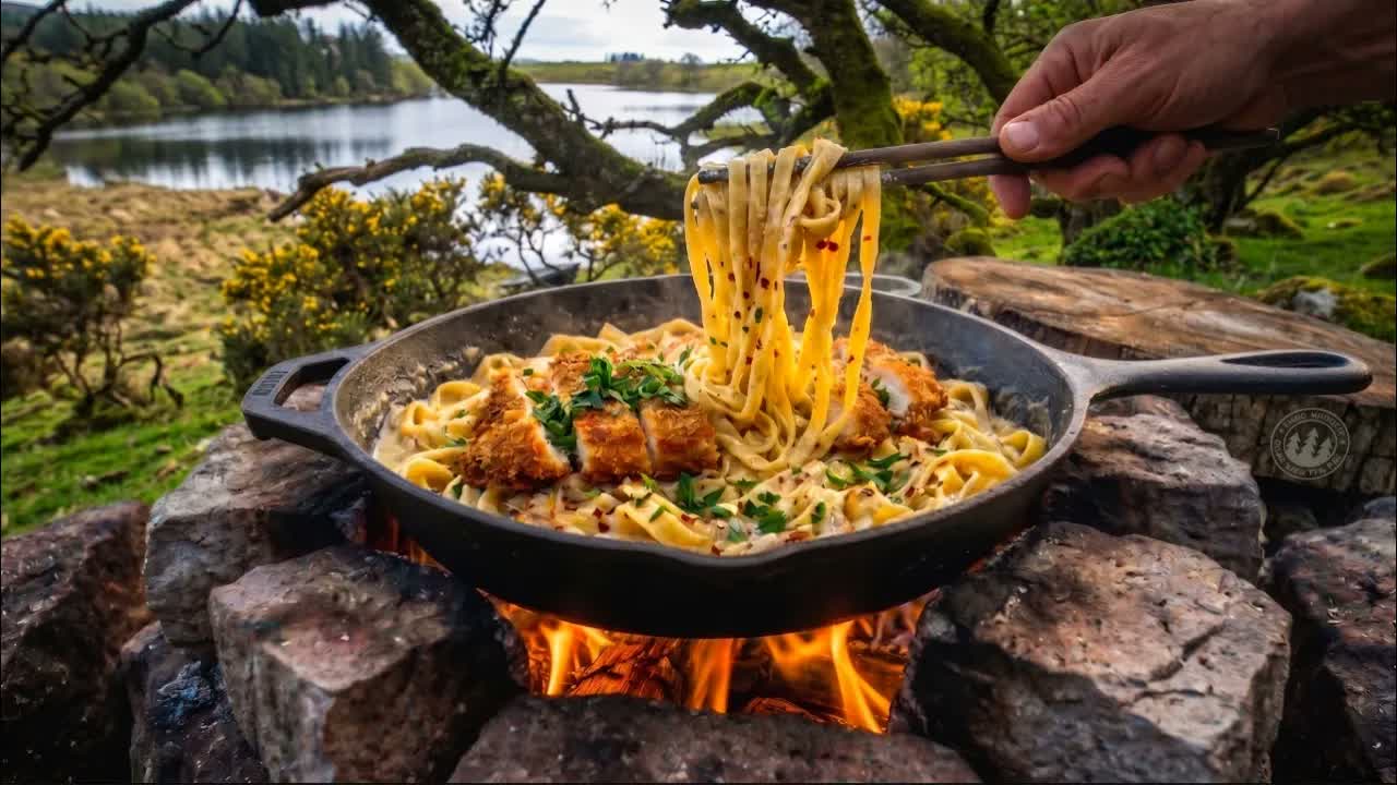 Watch how this chicken alfredo comes together over open fire