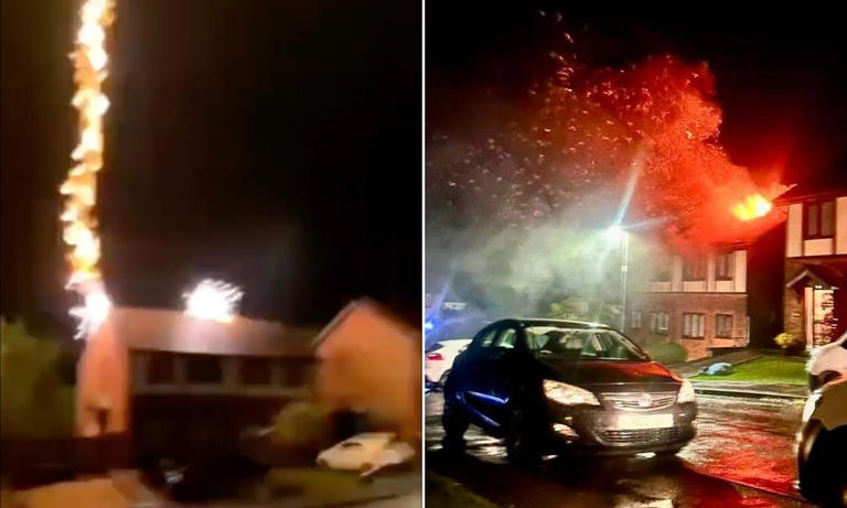 Moment lightning bolt strikes home during thunderstorm - sparking ...