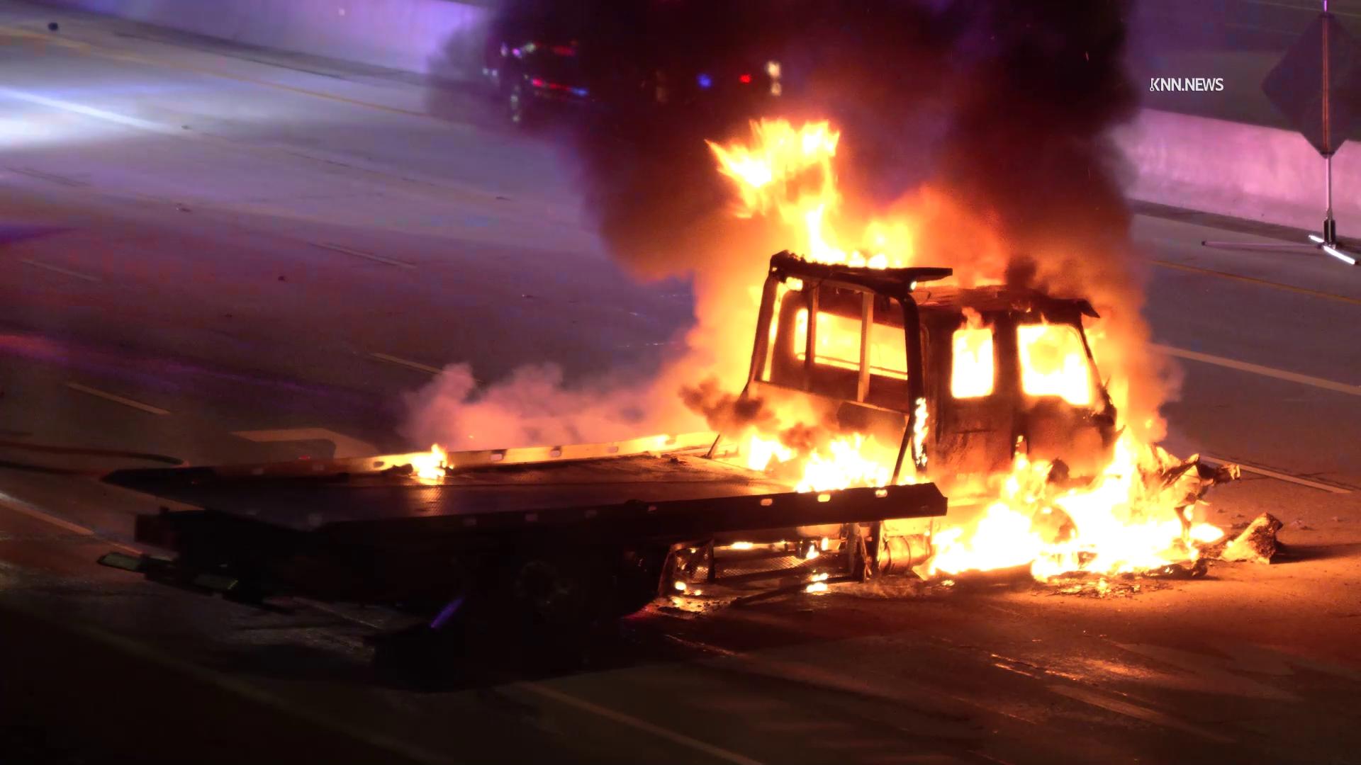 Man dies after crashing truck into barrier, causing a vehicle fire ...