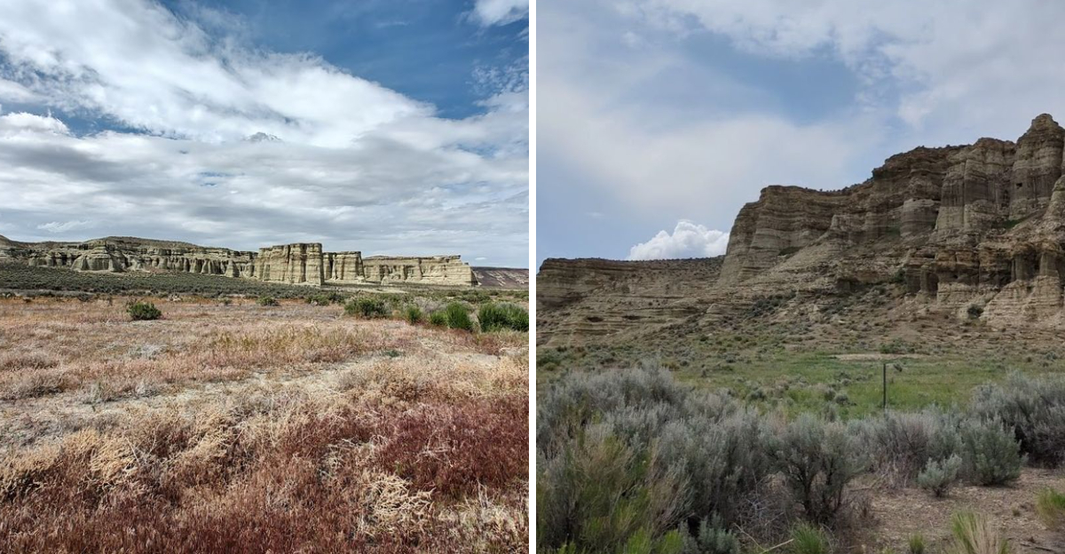Towering 100-foot pale clay cliffs that resemble ancient Roman ruins ...