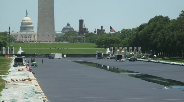 Lincoln Memorial Reflecting Pool fills with water after work, repainting
