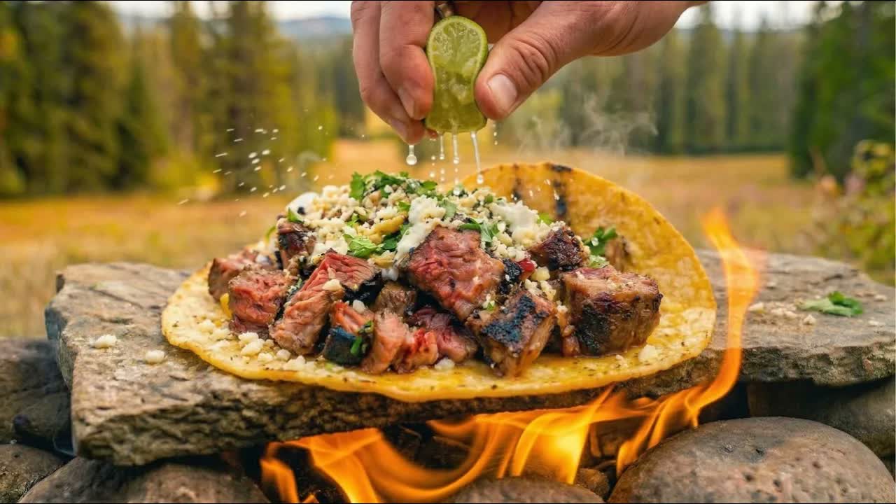 Watch how these tomahawk steak tacos sear on hot stone