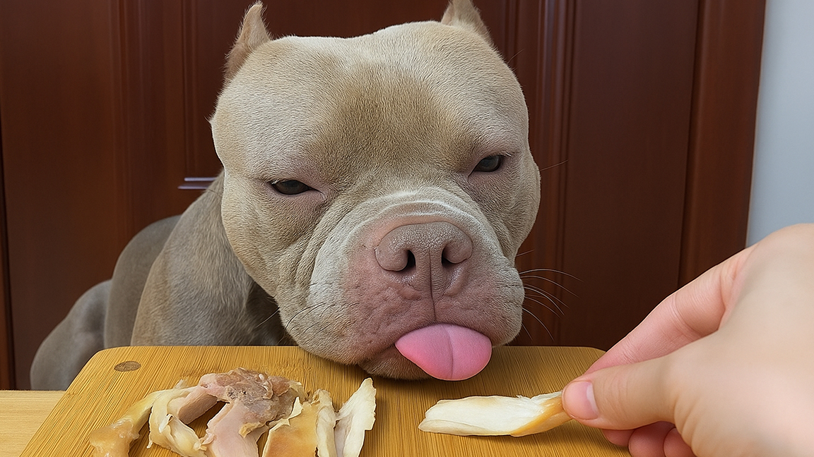 Dog reluctantly looking at food on the table