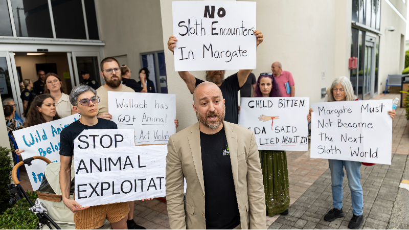 'Not a selfie prop': Animal advocates protest sloth attraction in Broward